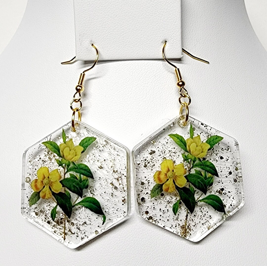 Hexagon-shaped Earrings With Yellow Flowers and Gold Glitter Details - Etsy
