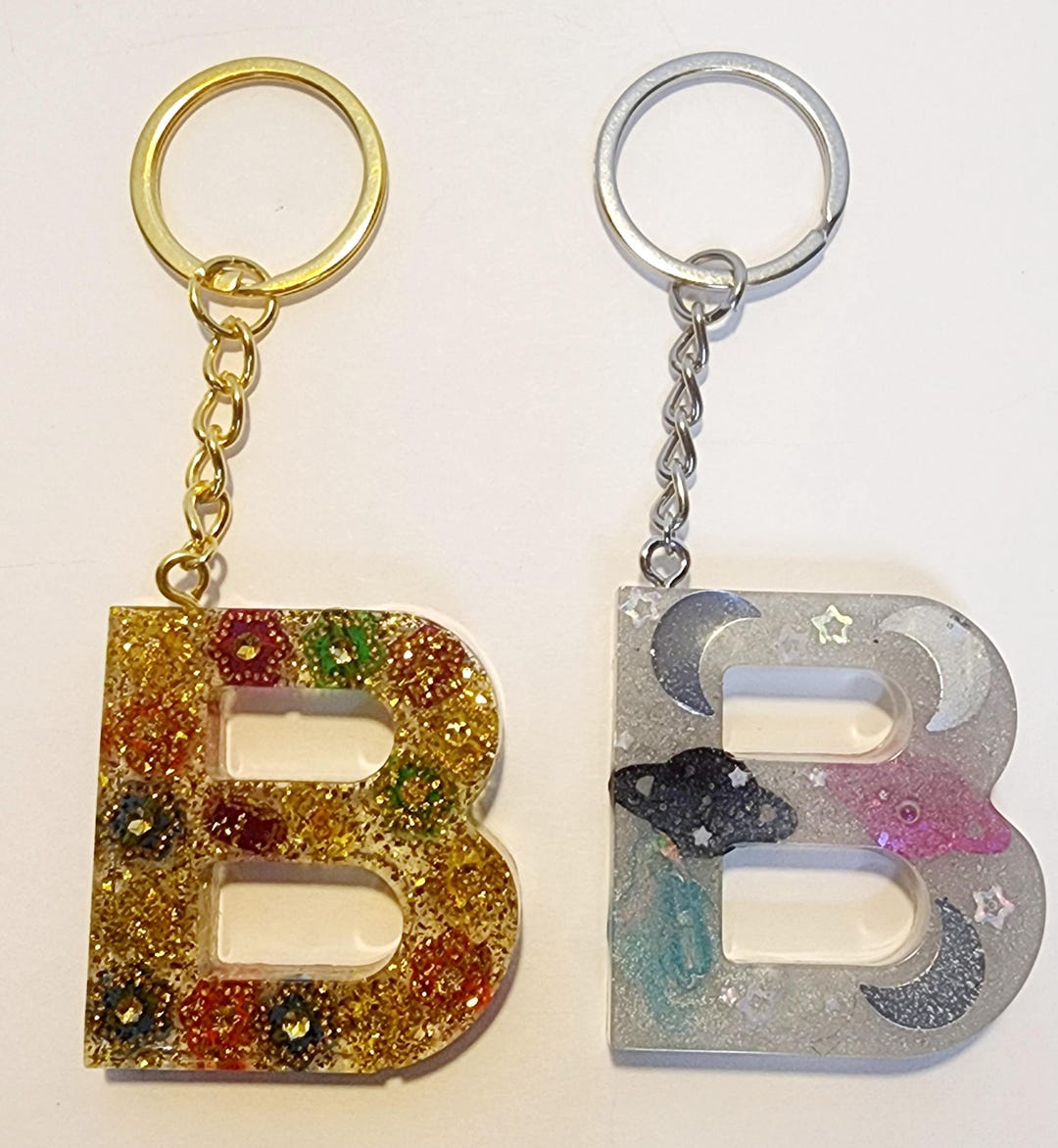 Resin Glitter Letter B Keychain - 1 1/2 X 1 1/2 Inch Gold Gem and Space ...