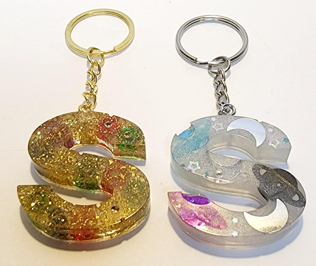 Resin Glitter Letter S Keychain 1 1/2 X 1 1/2 Inch Gold Gem and Galaxy ...