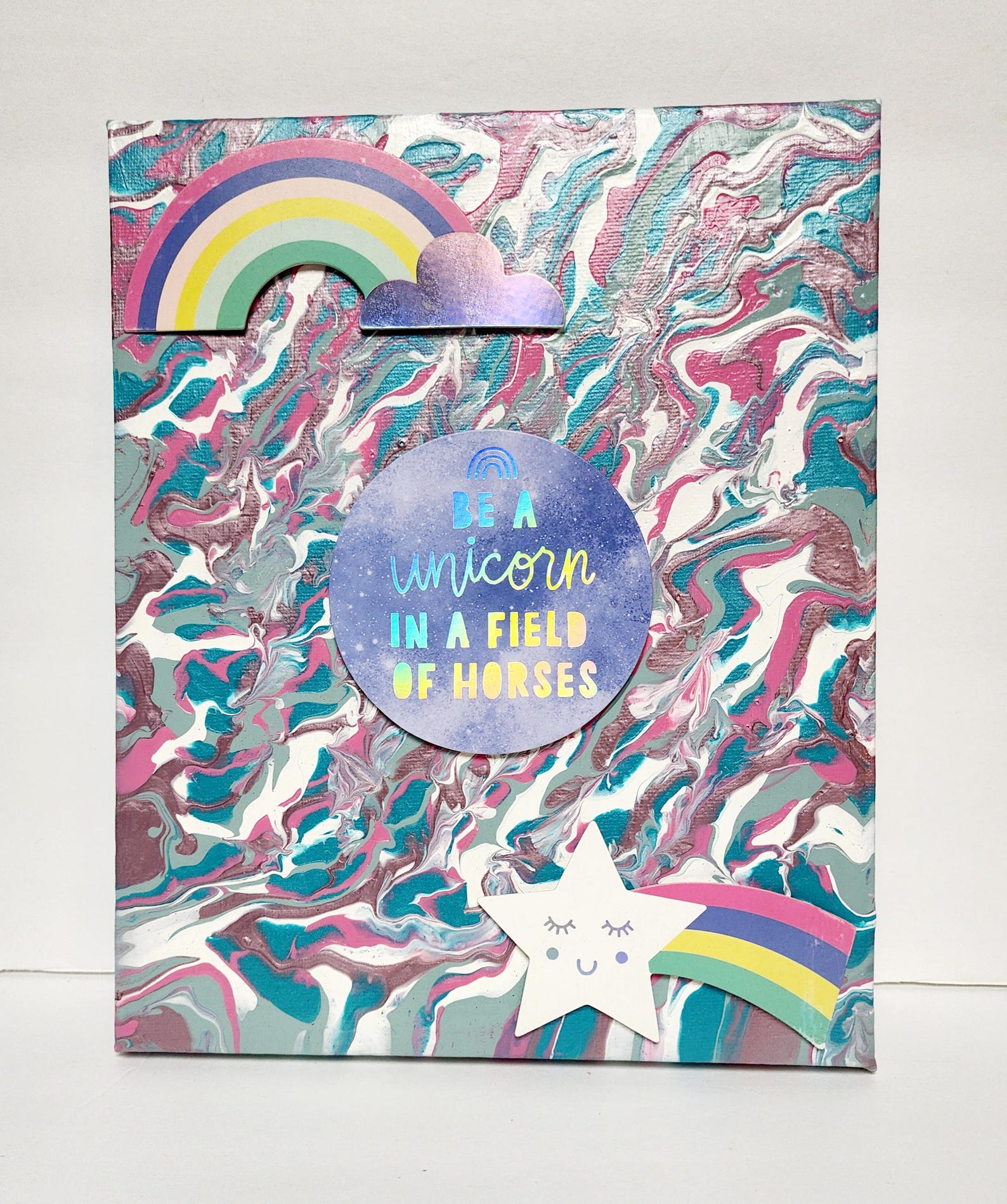 Whimsical Unicorn Acrylic Pour Painting Art Rainbow and Star Pink Blue ...