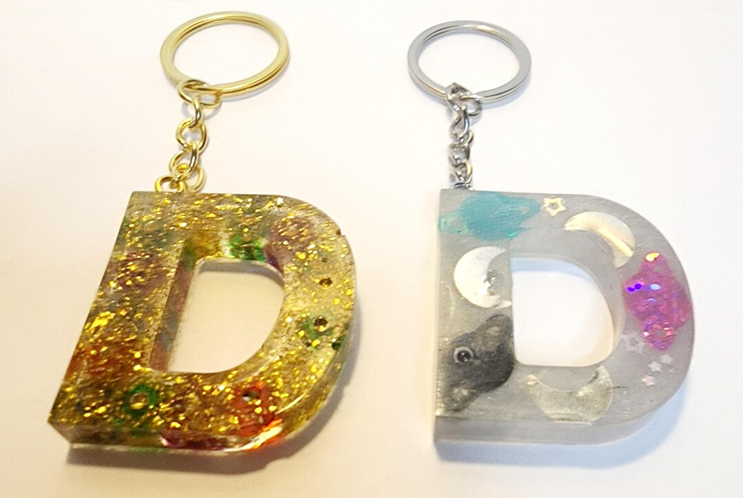 Resin Glitter Letter D Keychain - 1 1/2 X 1 1/2 Inch Gold Gem and Space ...