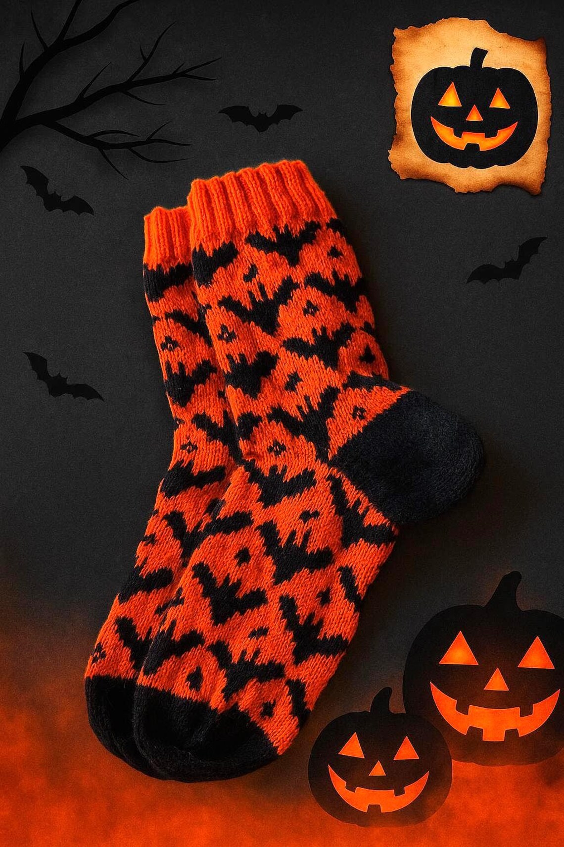 Hand Knit Wool Halloween Socks: Bat Motif Gothic Cottagecore - Etsy