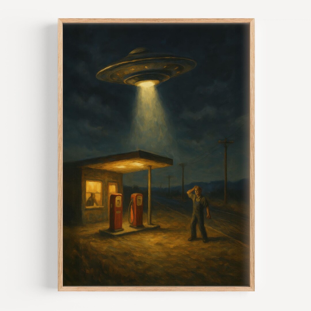 Retro UFO Art Print: Gas Station Alien Encounter - Sci-fi Wall Decor - Etsy