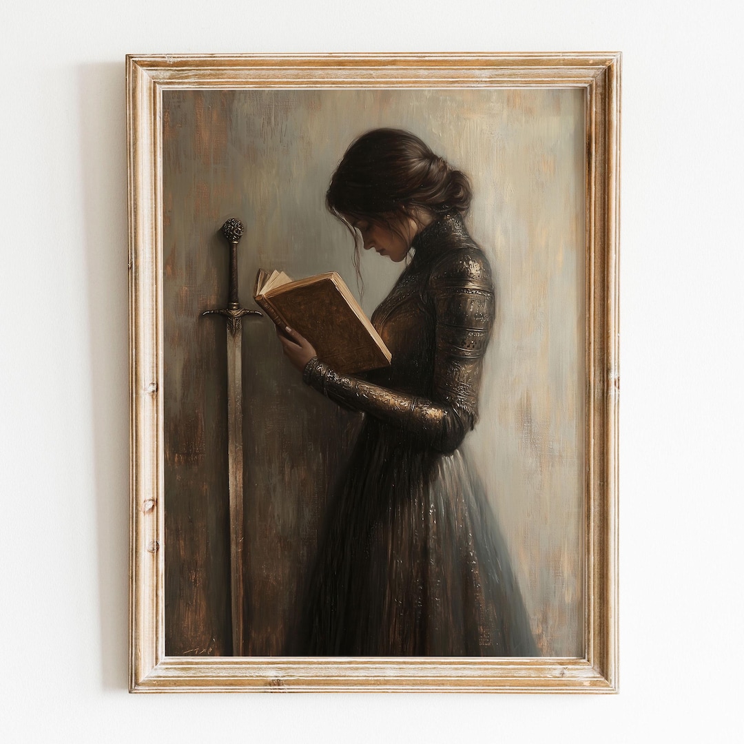 Victorian Woman Knight Reading a Book Vintage Wall Art Print, Book ...