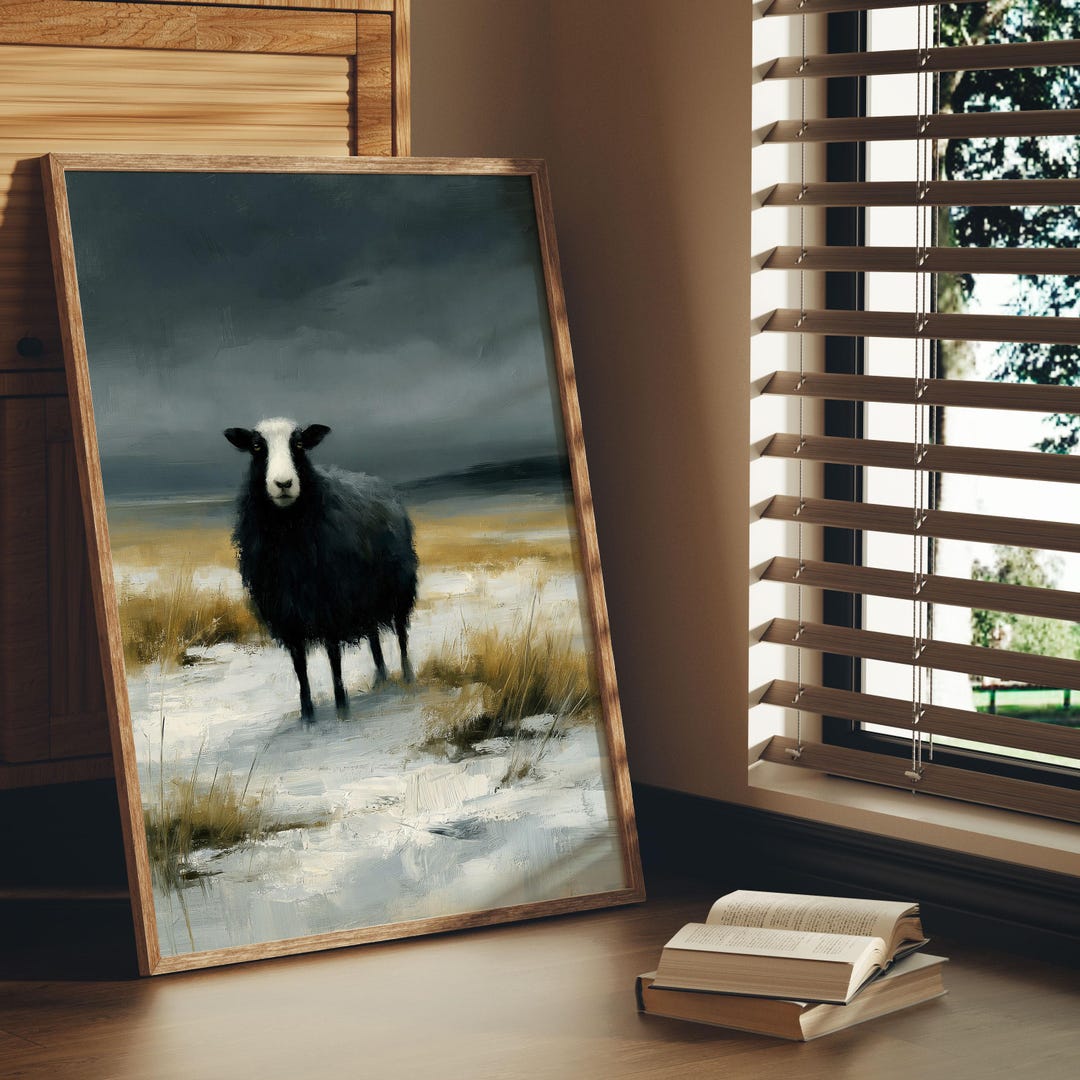 Black Sheep Oil Painting Snowy Field Moody Farmhouse Wall Art - Etsy UK
