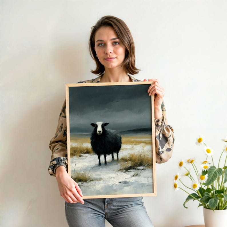 Black Sheep Oil Painting Snowy Field Moody Farmhouse Wall Art - Etsy UK