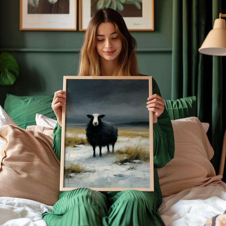 Black Sheep Oil Painting Snowy Field Moody Farmhouse Wall Art - Etsy UK