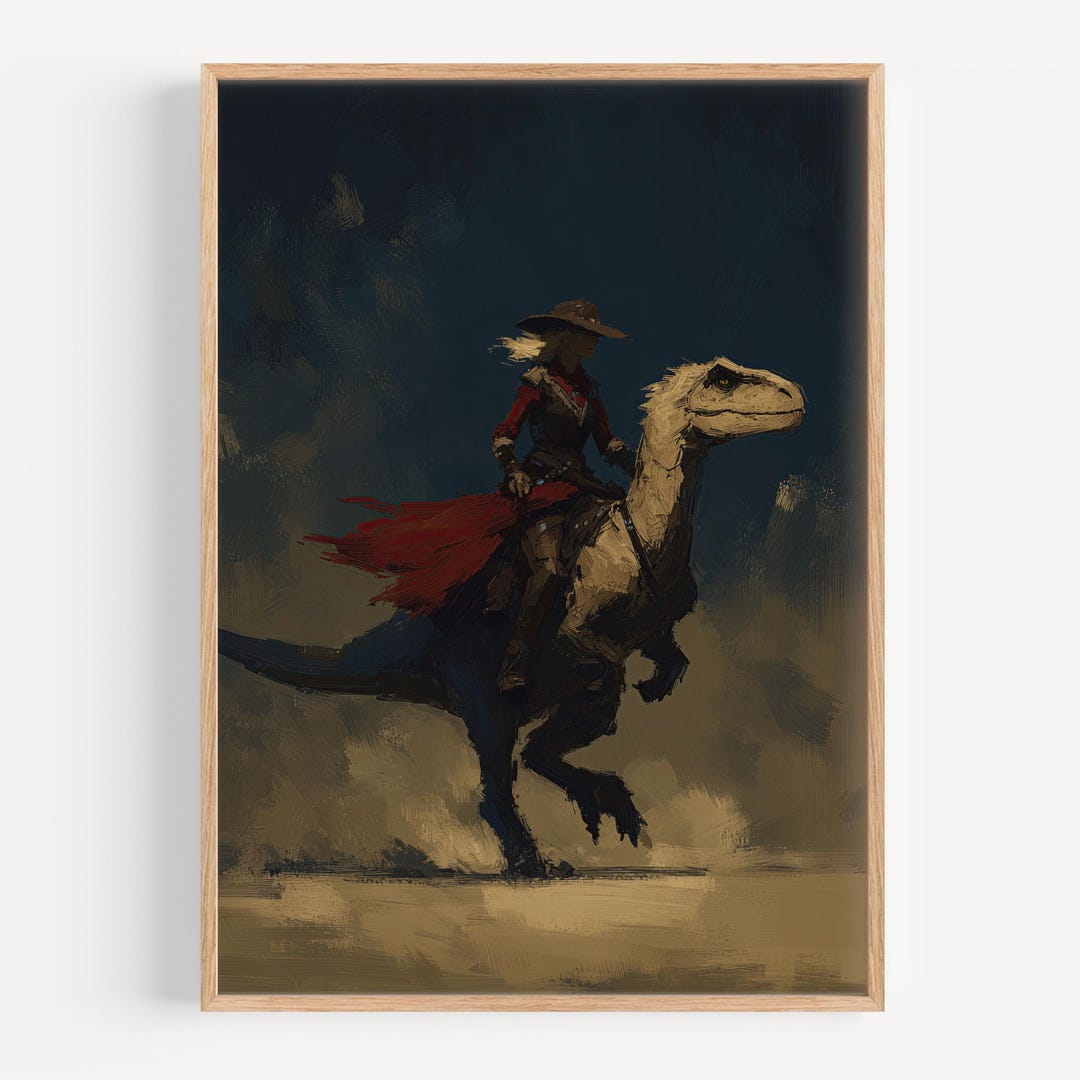 Cowgirl Riding Raptor Wall Art – Western Dinosaur Fantasy Print - Etsy