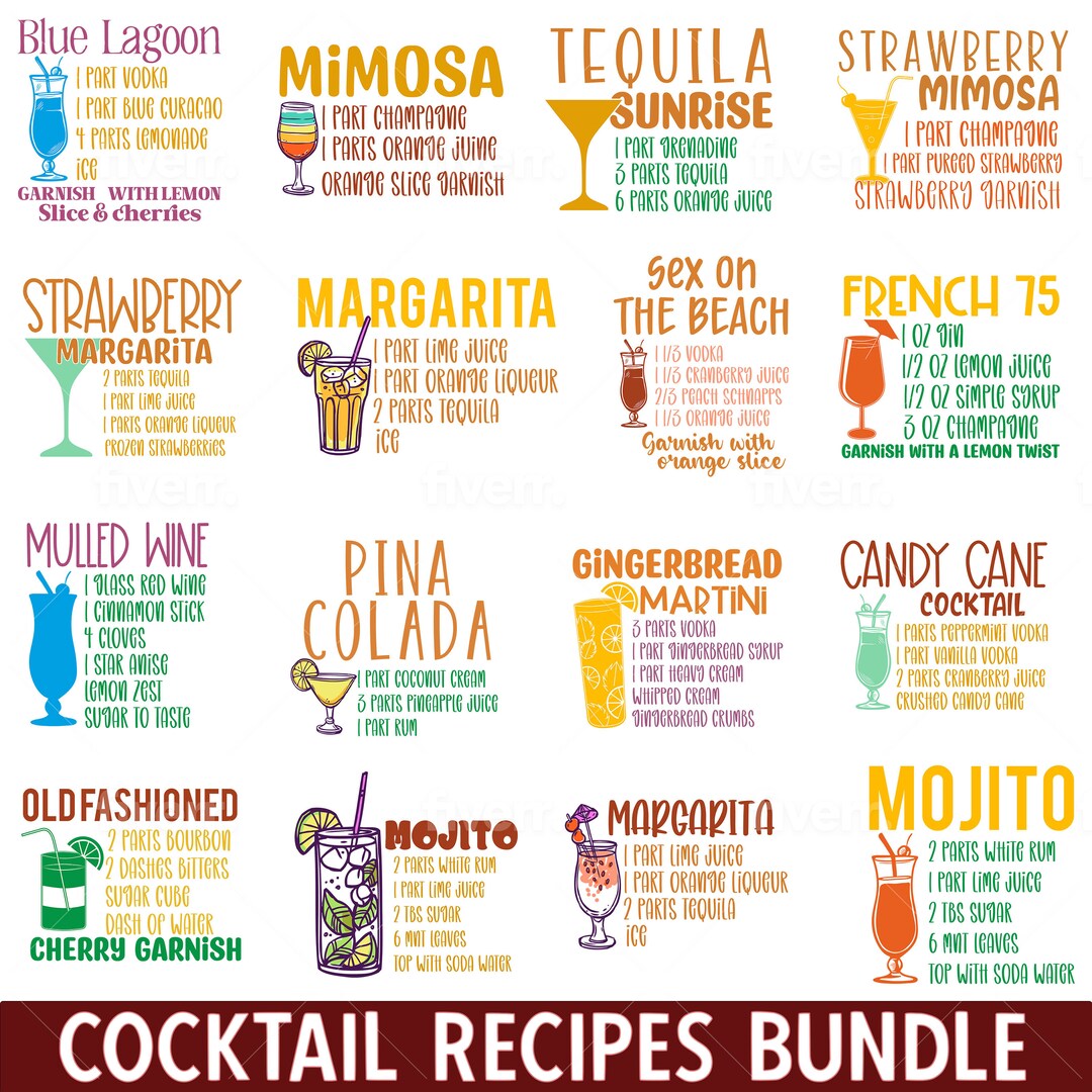 Cocktail Recipes SVG Bundle, Card Making, DIY Projects (dxf, Eps, Png ...