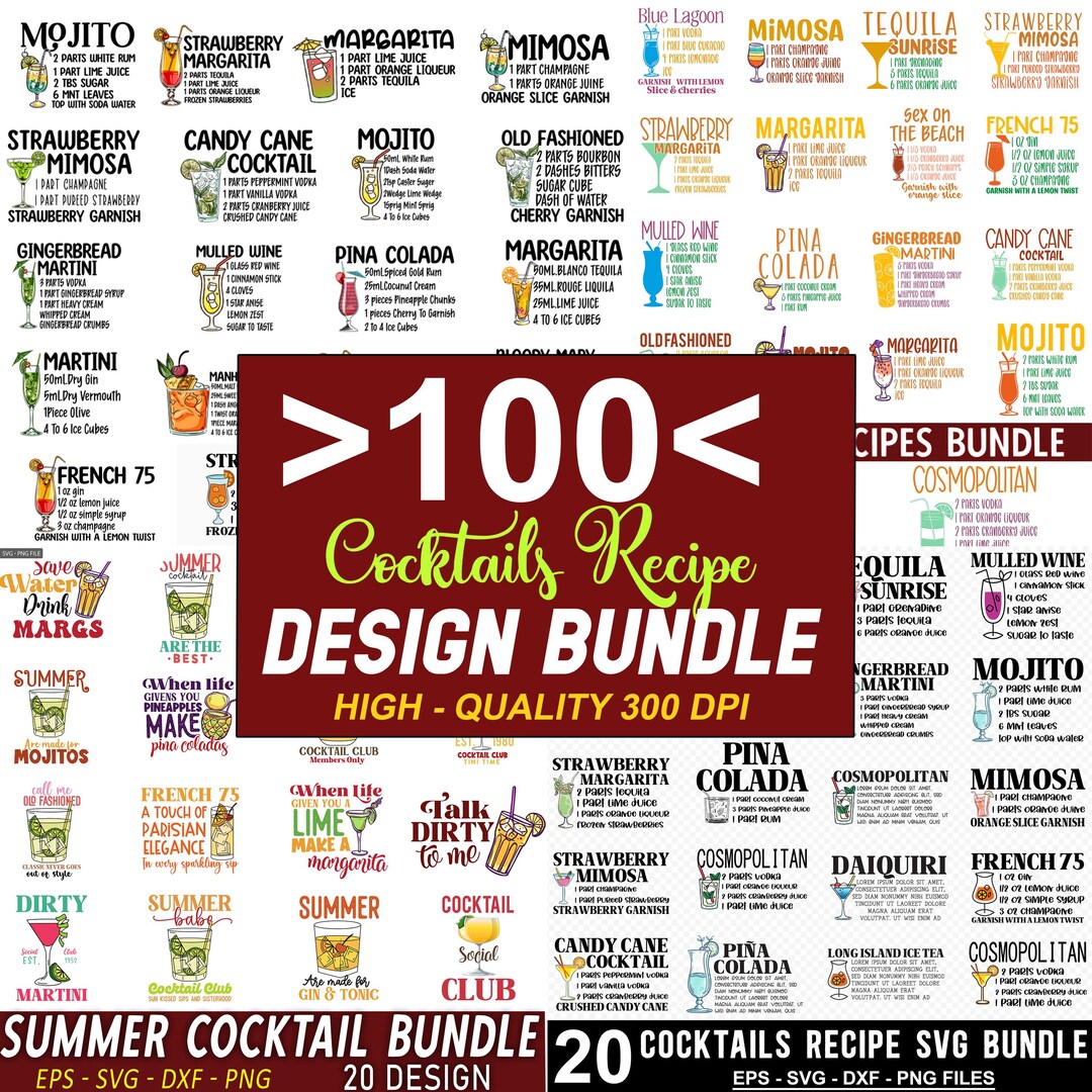 100 Cocktail Recipe SVG Bundle | Drink Recipe Cut Files | Bar Menu SVG ...