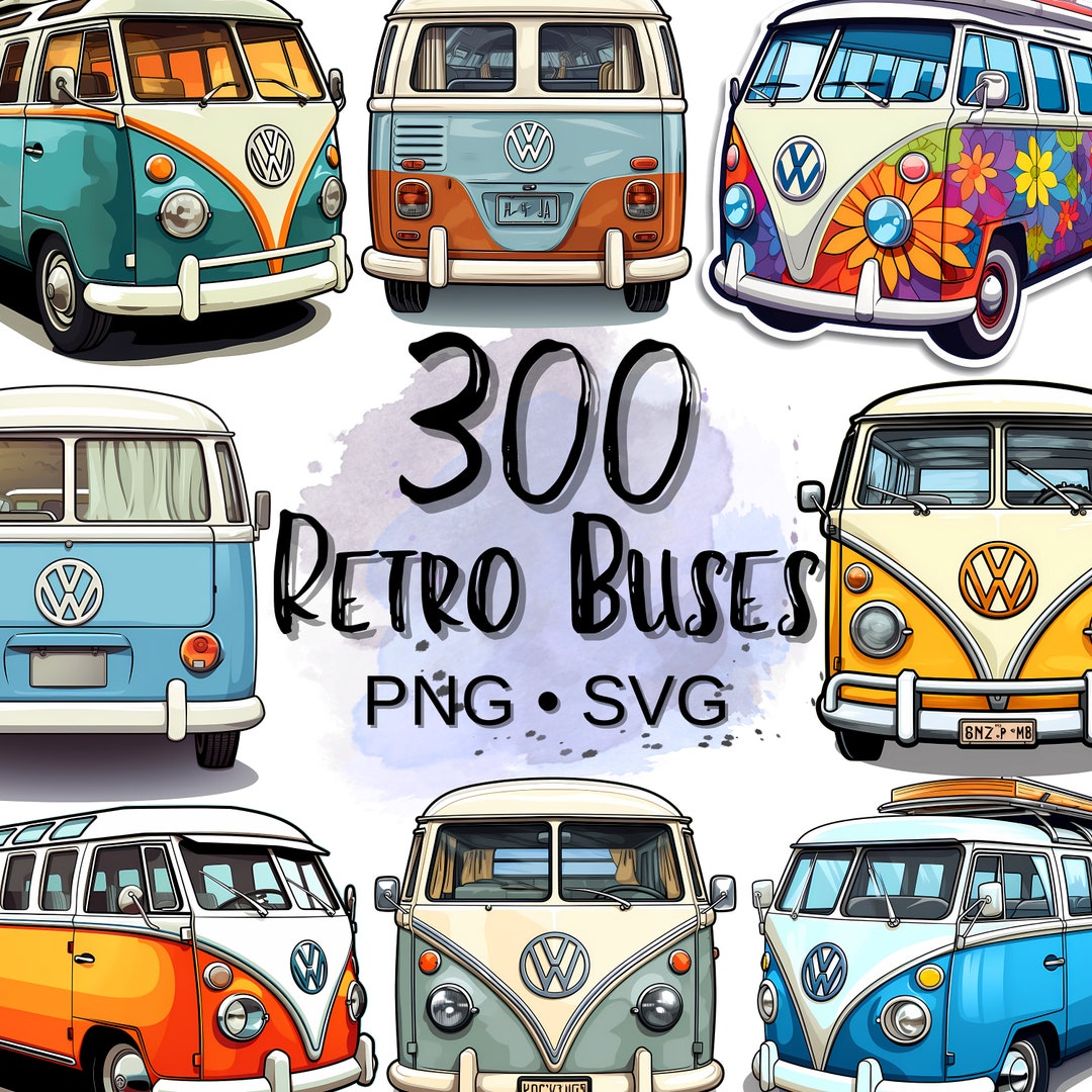 Retro Hippie Bus 300 Nostalgic Buses Collection PNG SVG Commercial Use ...