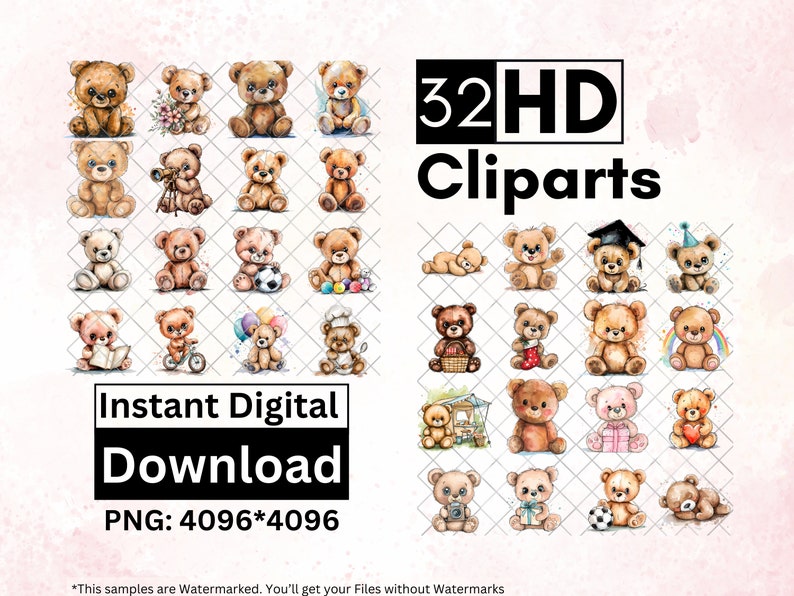 32 Watercolor Teddy Bear Cliparts | PNG Transparent Background ...