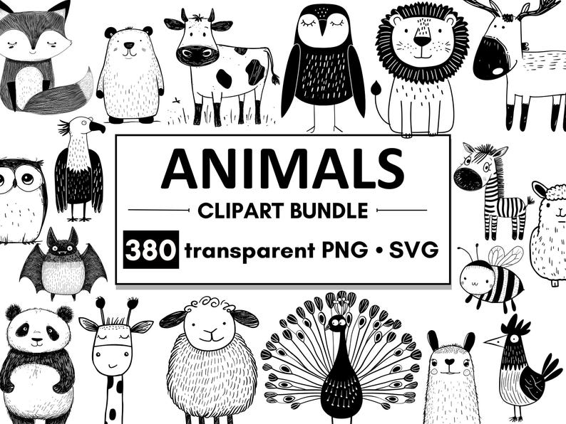 380 Doodle Animals Clipart: PNG SVG, Farm Safari Woodland (commercial ...