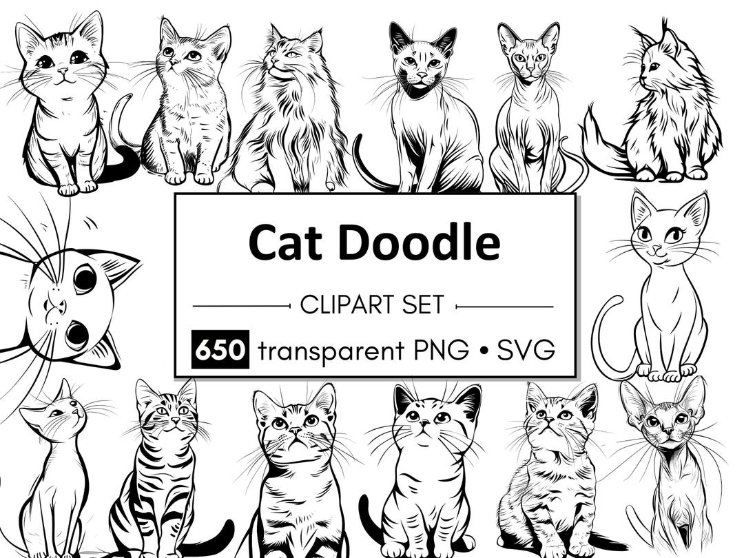 650 Cute Cats | PNG + SVG 300dpi, Doodle Style Clipart, Cat Decor ...