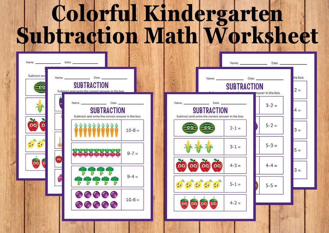 Fun and Colorful Kindergarten Subtraction Math Worksheet - Etsy