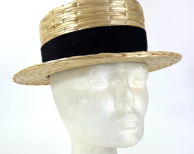 Vintage Italian Straw Boater Hat – Unisex Medium, Black Grosgrain ...