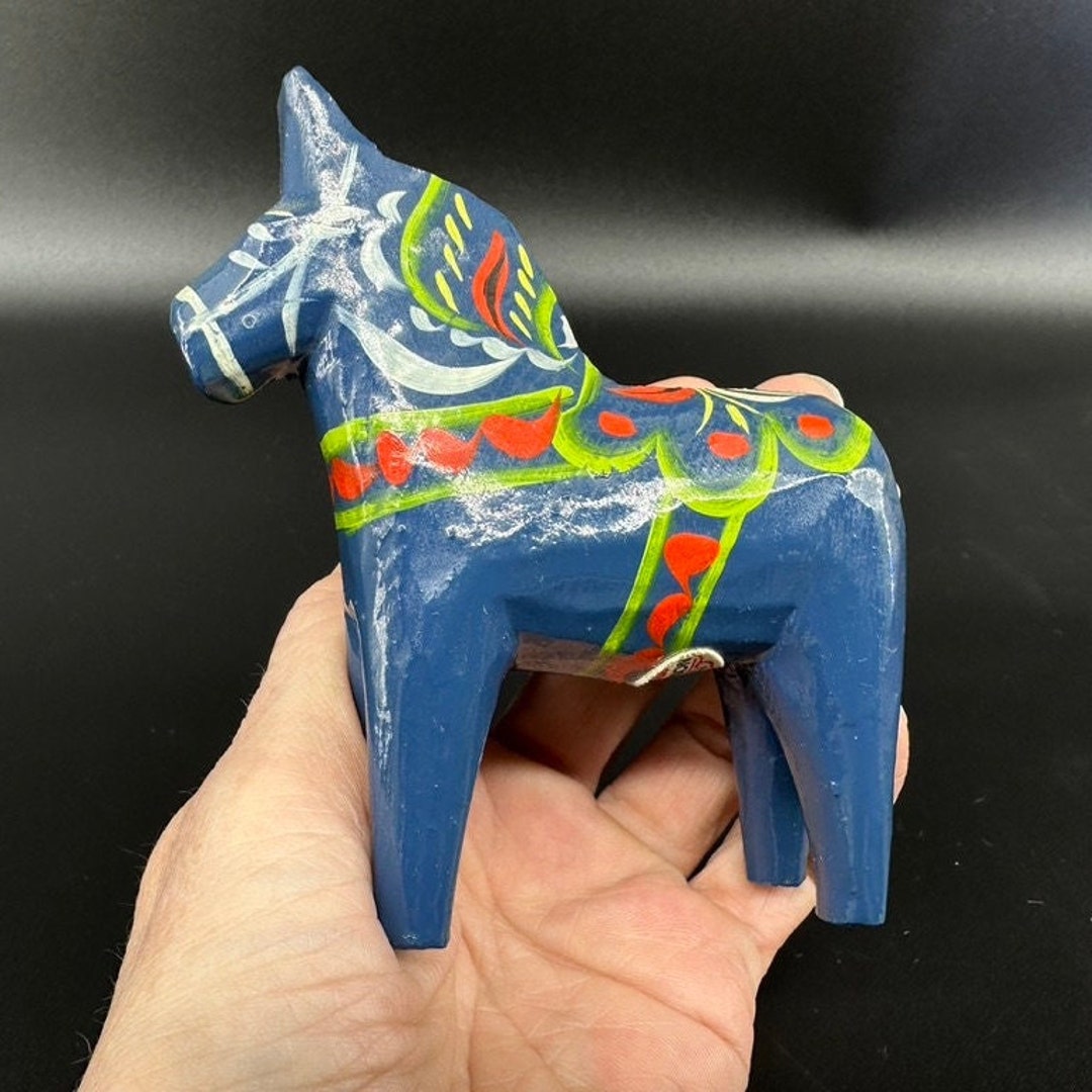 Vintage Dala Horse 10 Cm Wooden Nils Olsson Blue Dala Häst Folk Art ...