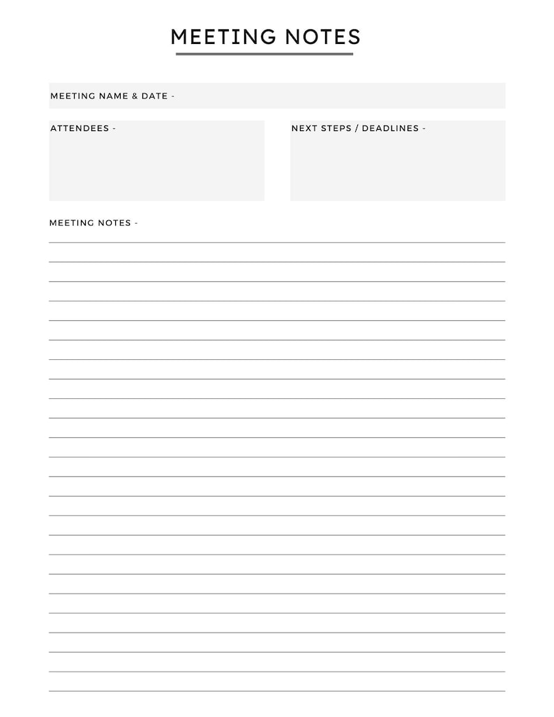 Printable Meeting Notes, Digital Download Notes, Minimal Notes Design ...