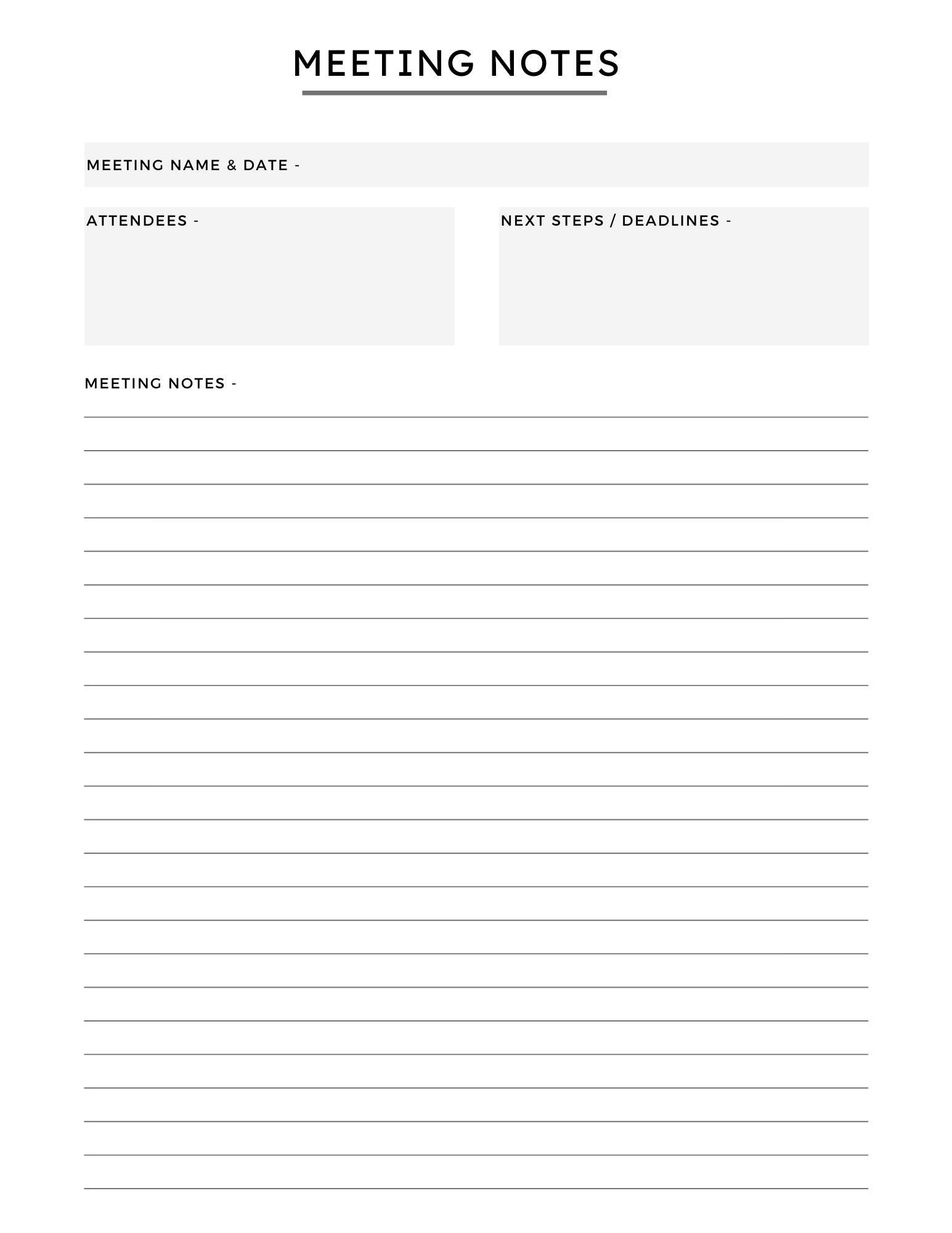 Printable Meeting Notes, Digital Download Notes, Minimal Notes Design ...