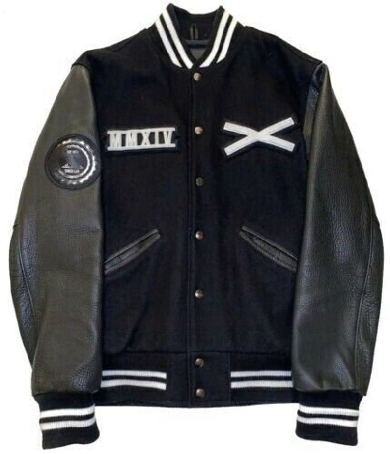 Mens the Weeknd XO Bomber Jacket Black Wool & Leather Lettermen Varsity ...