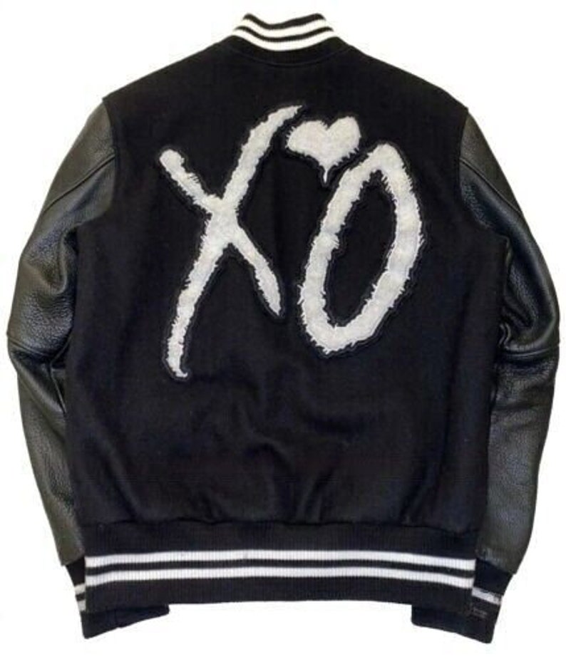 Mens the Weeknd XO Bomber Jacket Black Wool & Leather Lettermen Varsity ...