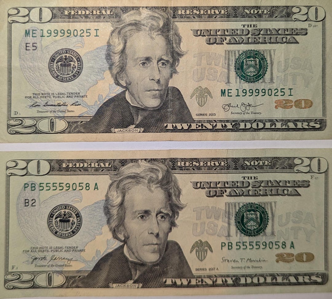Two (2) Twenty Dollar Bills With Block Digits (4 Repeating). 2013 ...