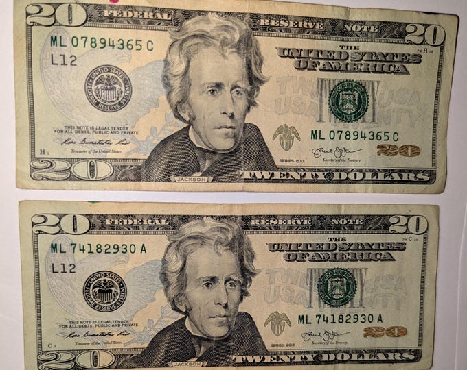 Two (2) Twenty Dollar Bills With All Unique Digits. 2013. 2013. - Etsy