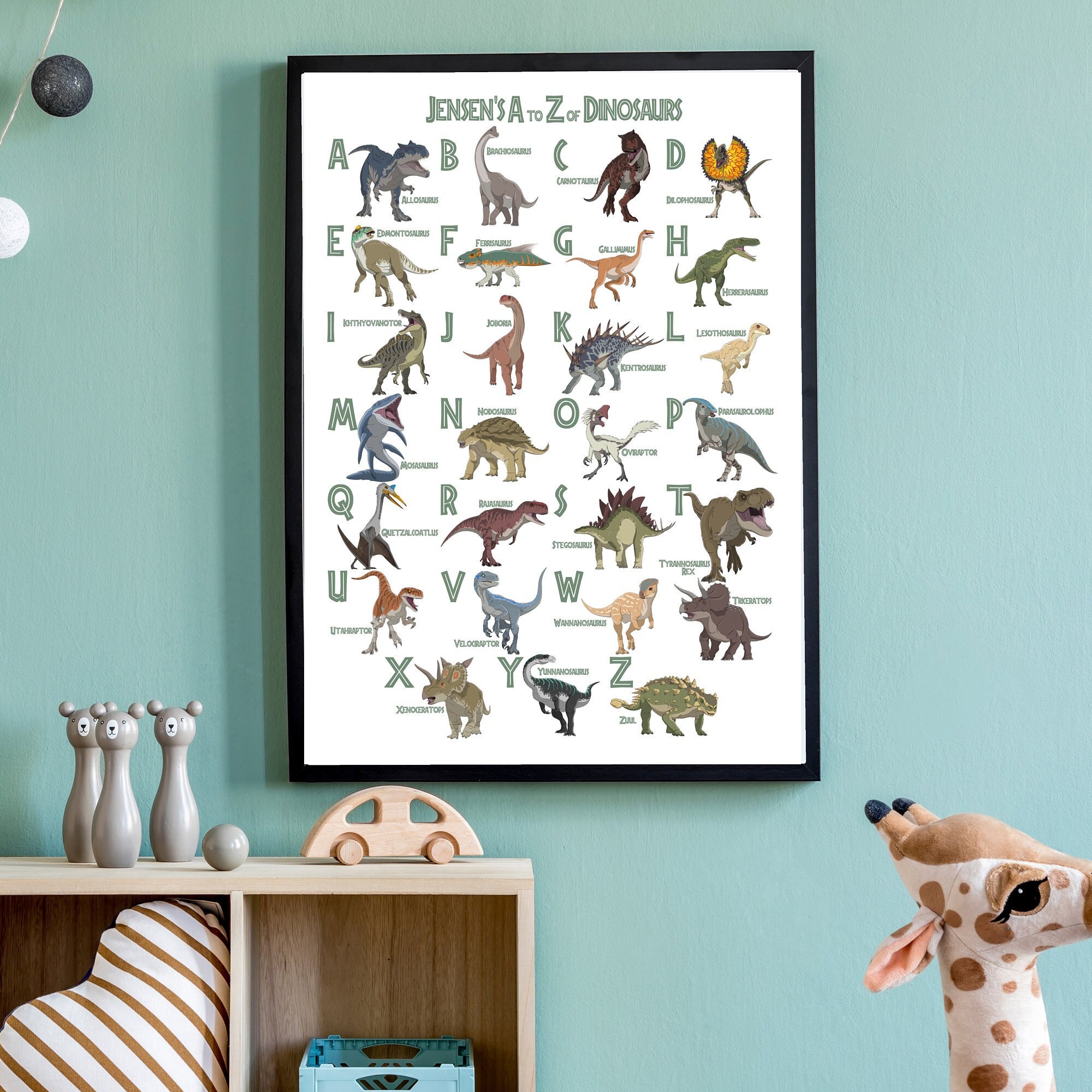 Personalised Realistic Dinosaur A-Z Alphabet Poster Custom Hand-drawn ...