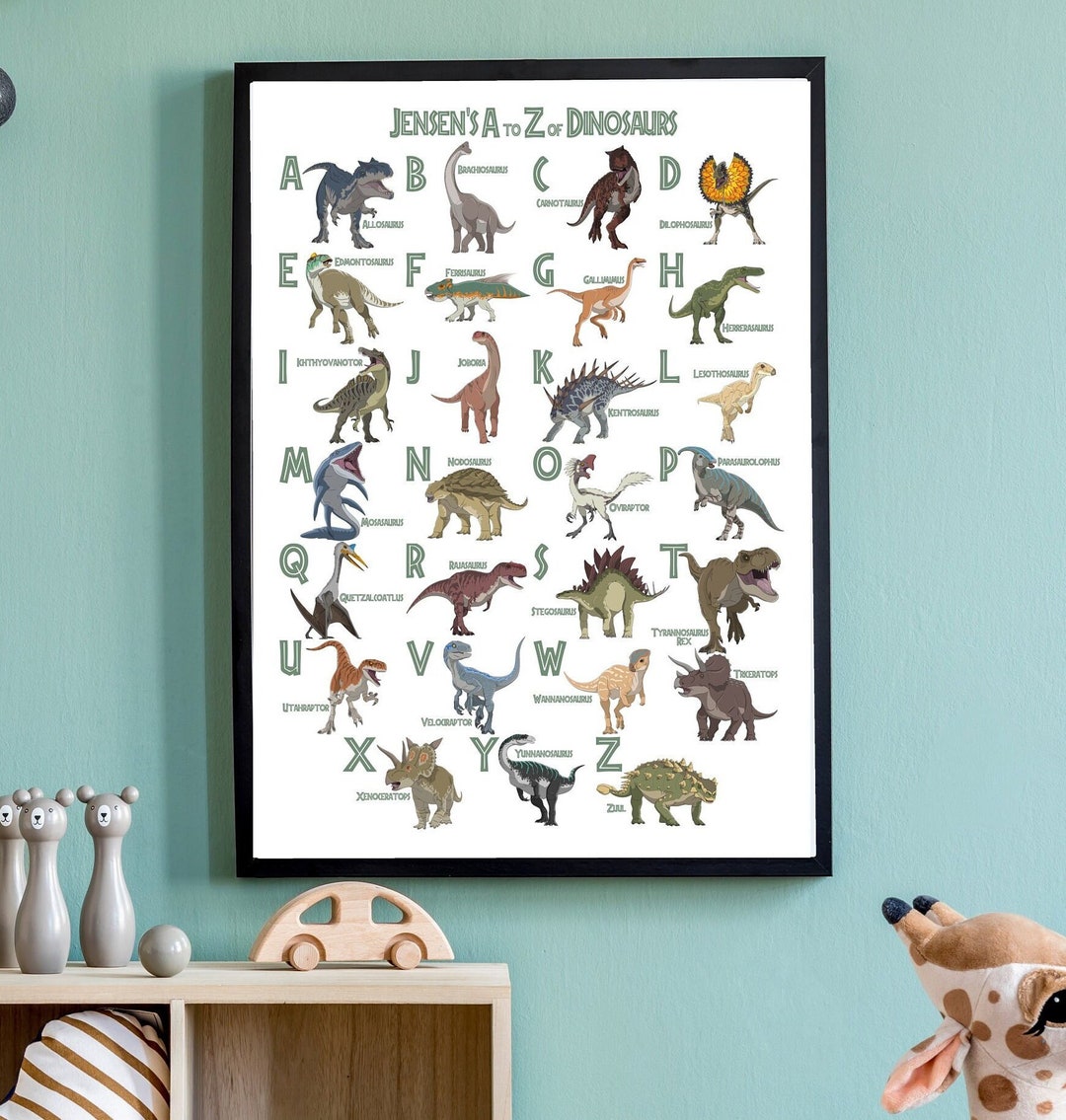 Personalised Realistic Dinosaur A-Z Alphabet Poster Custom Hand-drawn ...