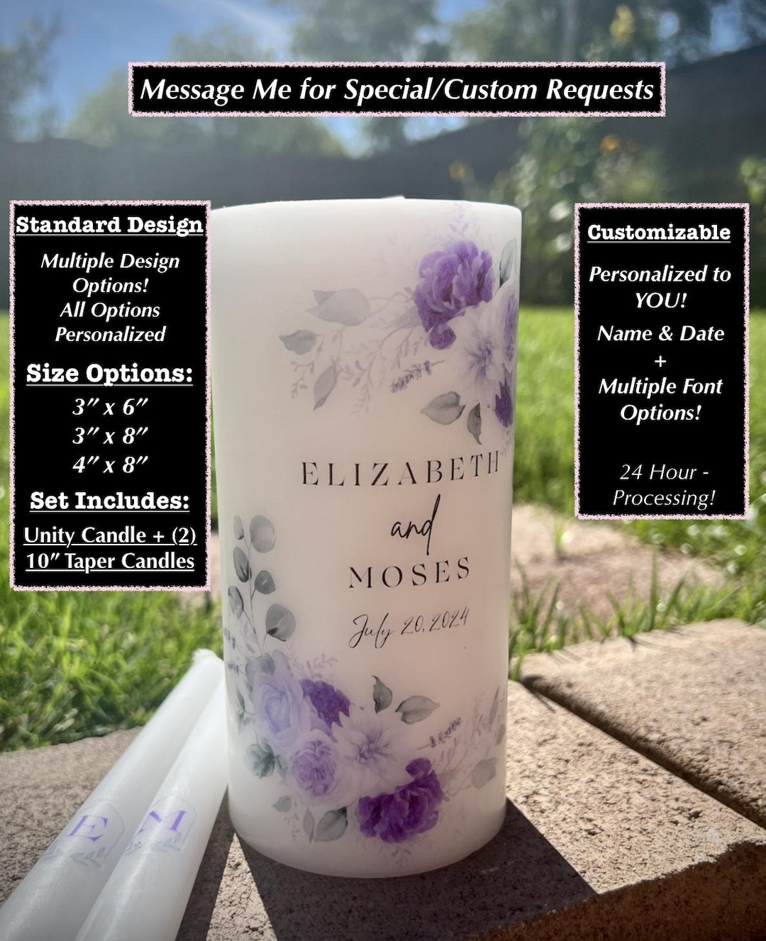 Elegant Floral Wedding Unity Candle Set for Ceremony + 2 Initial ...