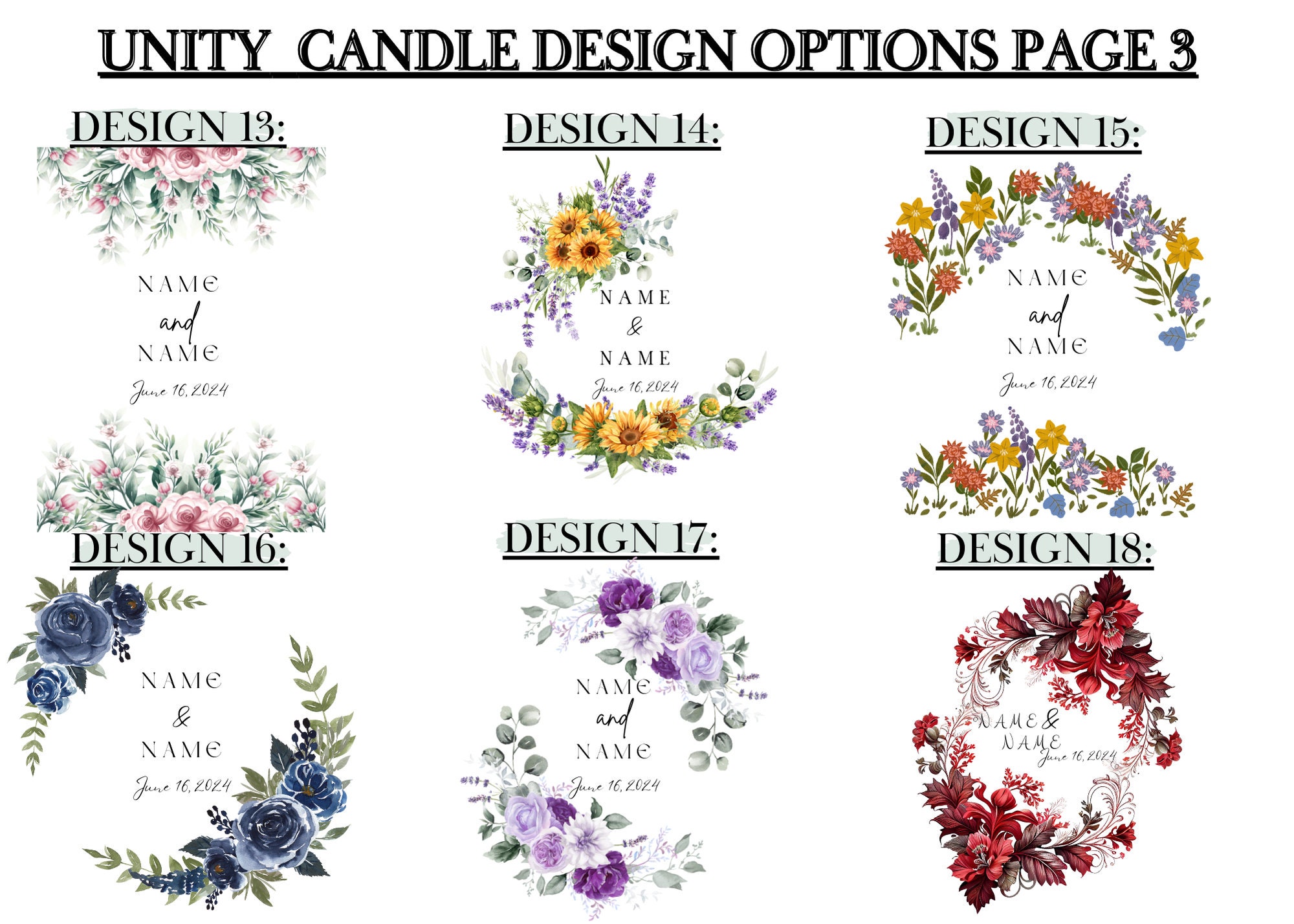 Elegant Floral Wedding Unity Candle Set for Ceremony + 2 Initial ...