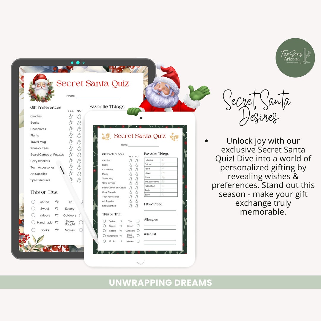 PRINTABLE Secret Santa Gift Exchange Questionnaire, Holiday Gift ...