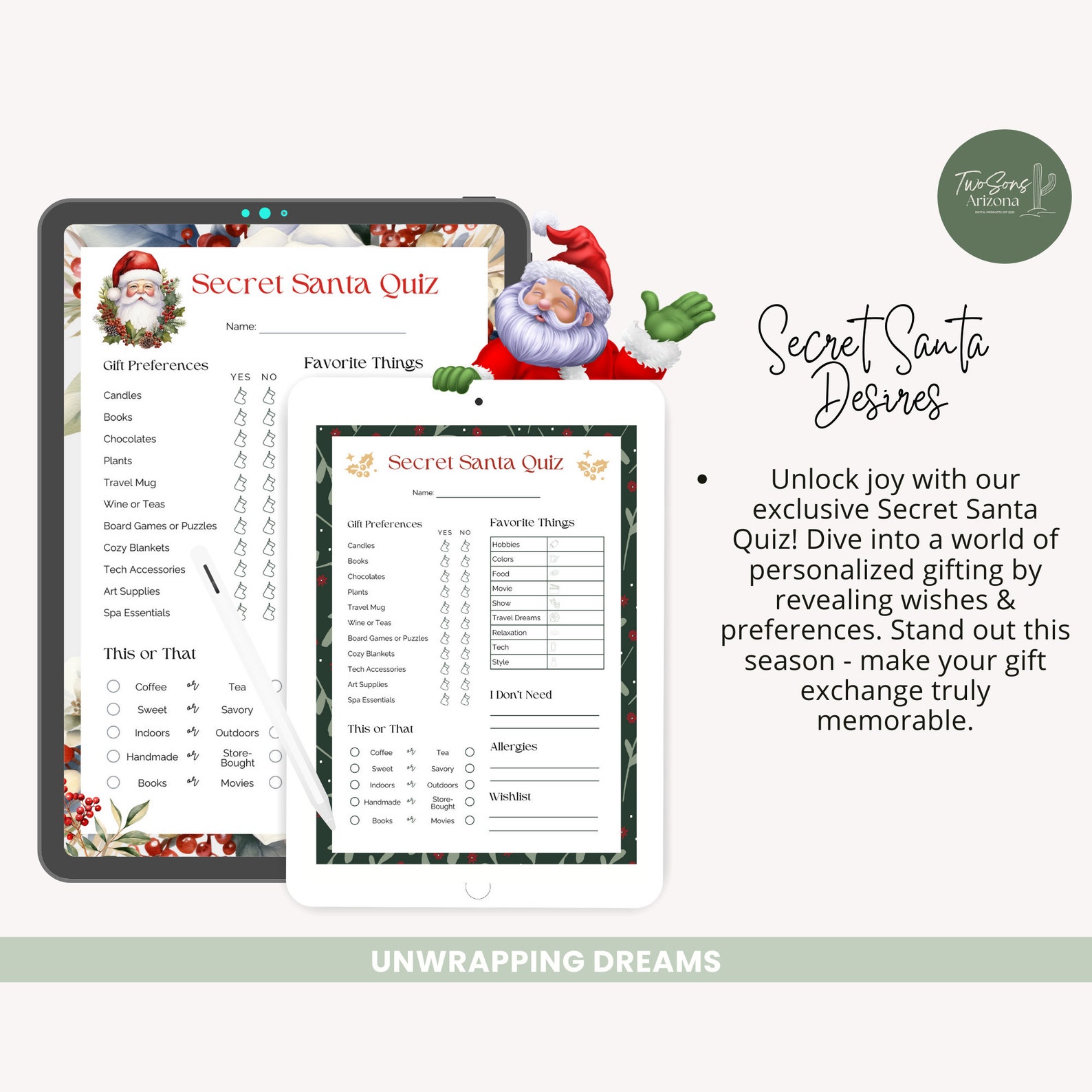 PRINTABLE Secret Santa Gift Exchange Questionnaire, Holiday Gift ...
