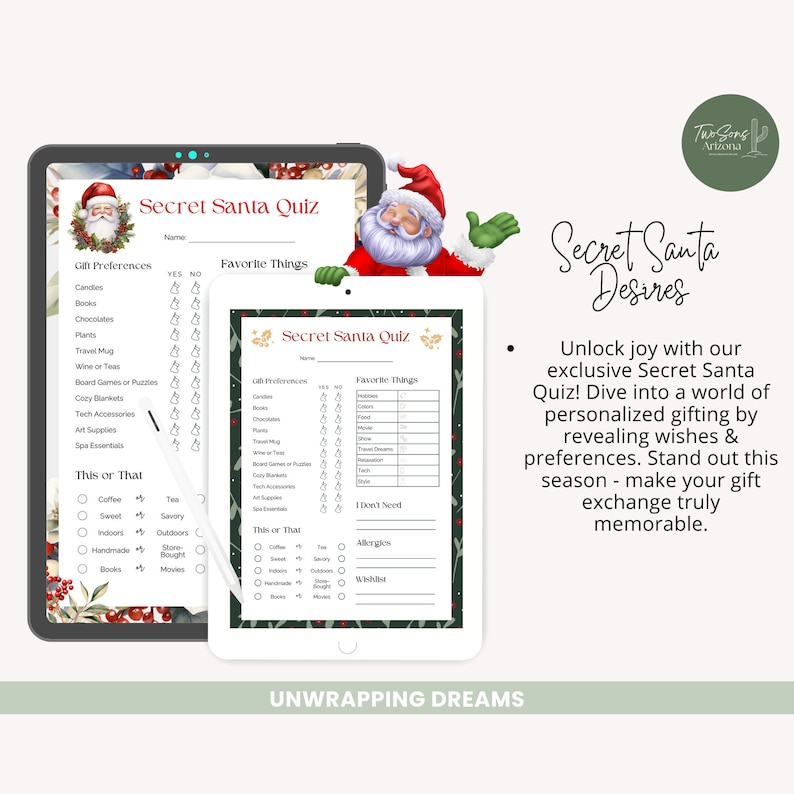 PRINTABLE Secret Santa Gift Exchange Questionnaire, Holiday Gift ...