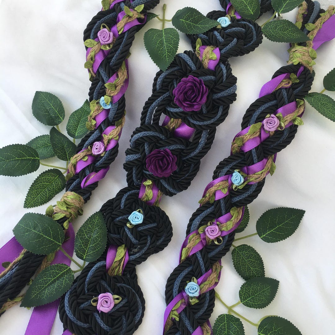 Custom Handfasting Cord: Black, Purple, & Denim Wedding Braid With Leaf ...