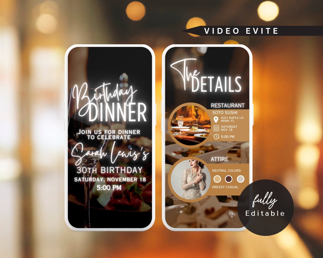 Birthday Dinner Party Digital Invitation Animated Video Birthday Dinner ...