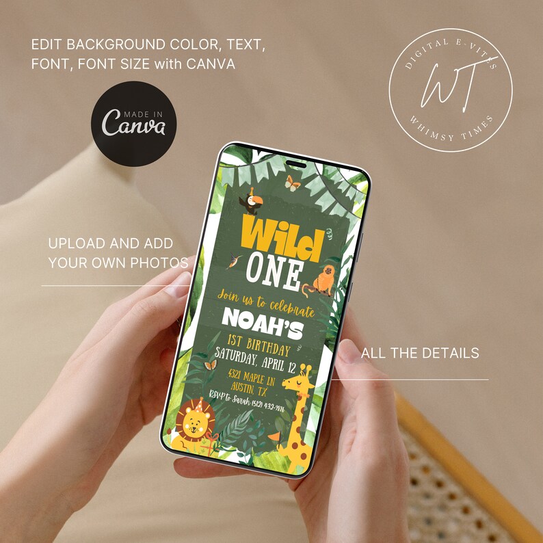 Wild One Birthday Boy Invitation Animated Safari Animals Party - Etsy