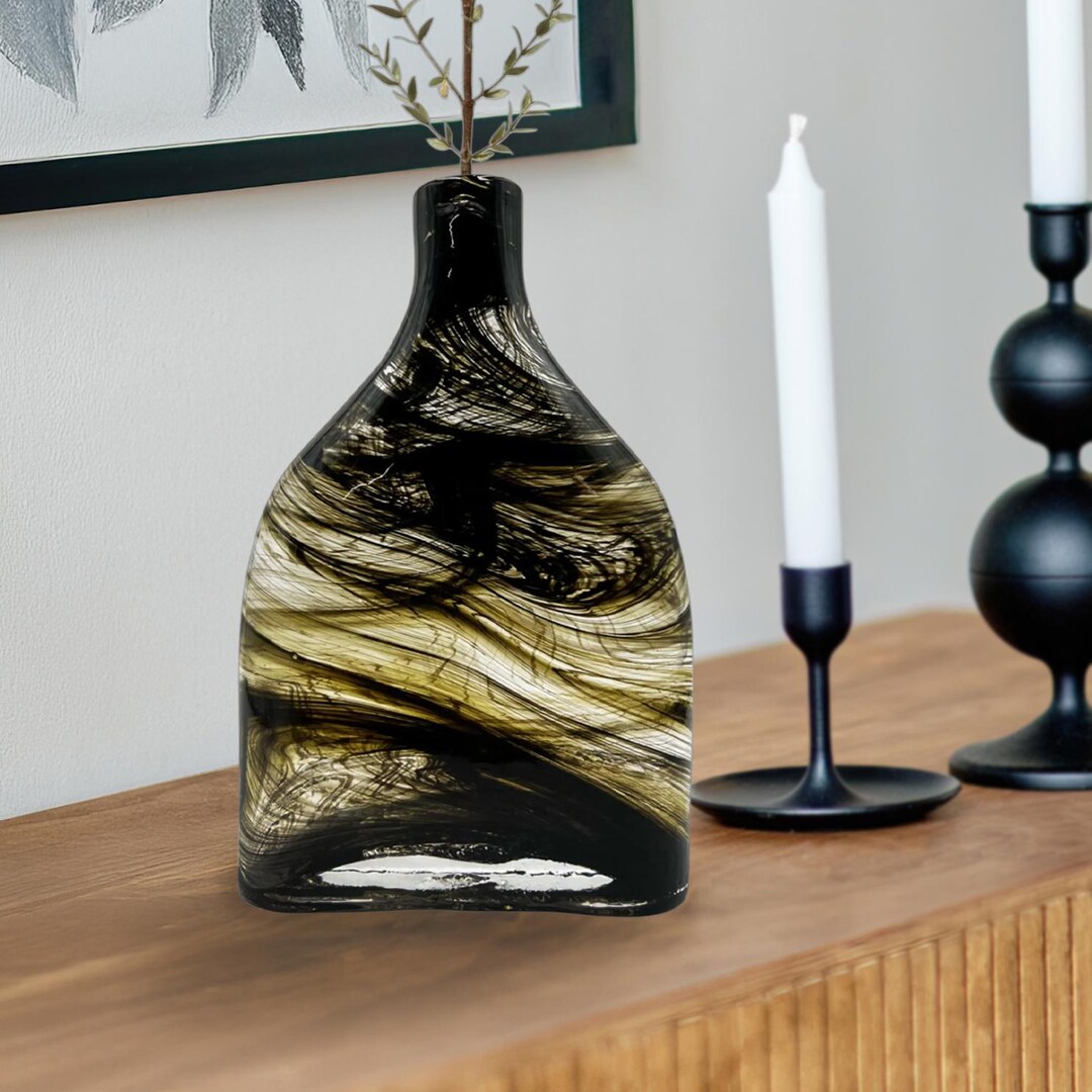 Handblown Glass Vase: Black & White Swirl Design, 10 Inch Bottle Vase ...