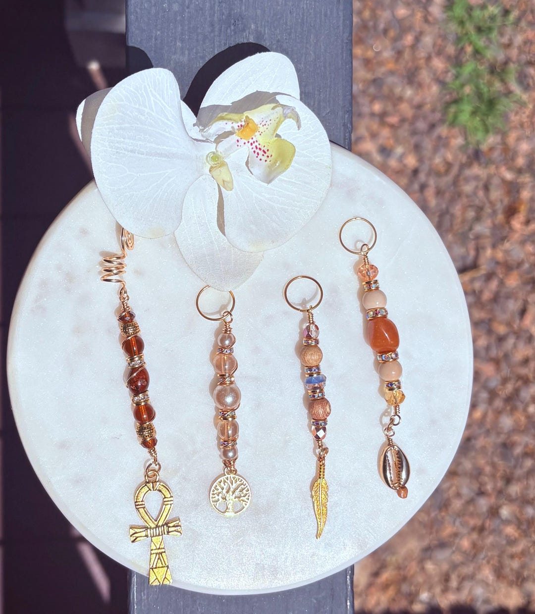 Golden Boho Loc Jewelry Set | Ankh, Cowrie, Tree of Life Charms for ...