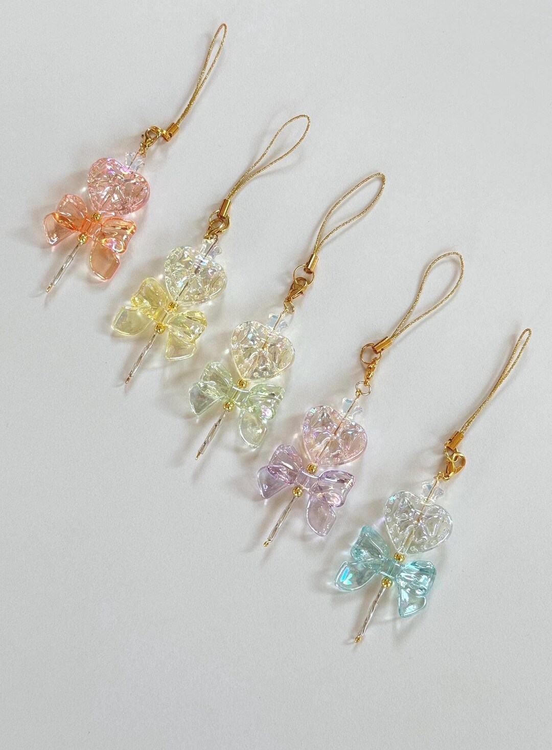 Magical Girl Phone Charm: Iridescent Heart & Bow Keychain - Etsy