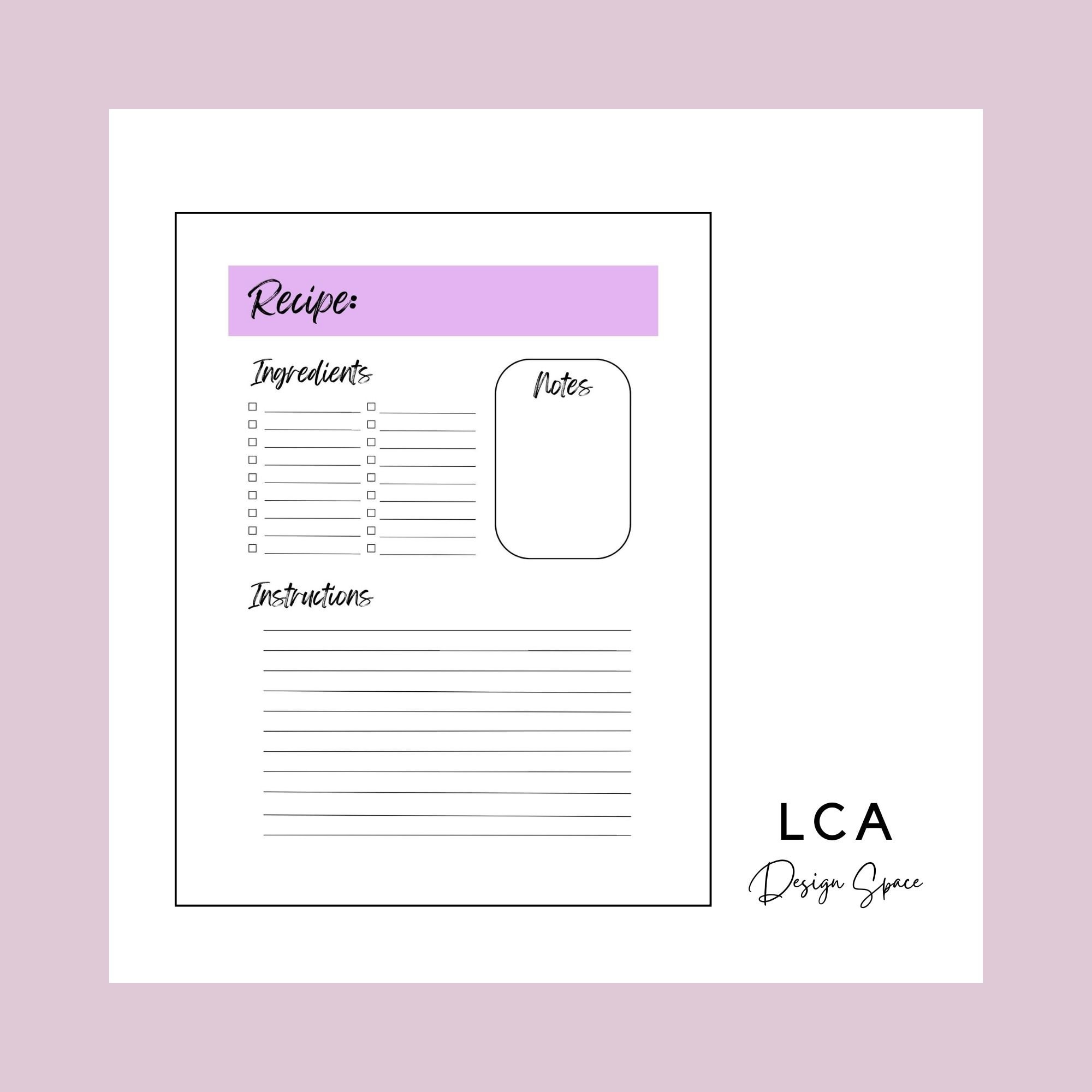 Recipe Template, Ingredient Tracking Printable, Multi-colour Food ...