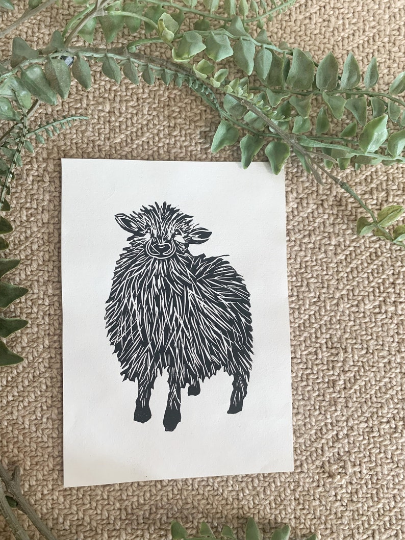 Sheep Art Print- Linocut- Lamb- Animal Print- Block Print- Hand Printed ...