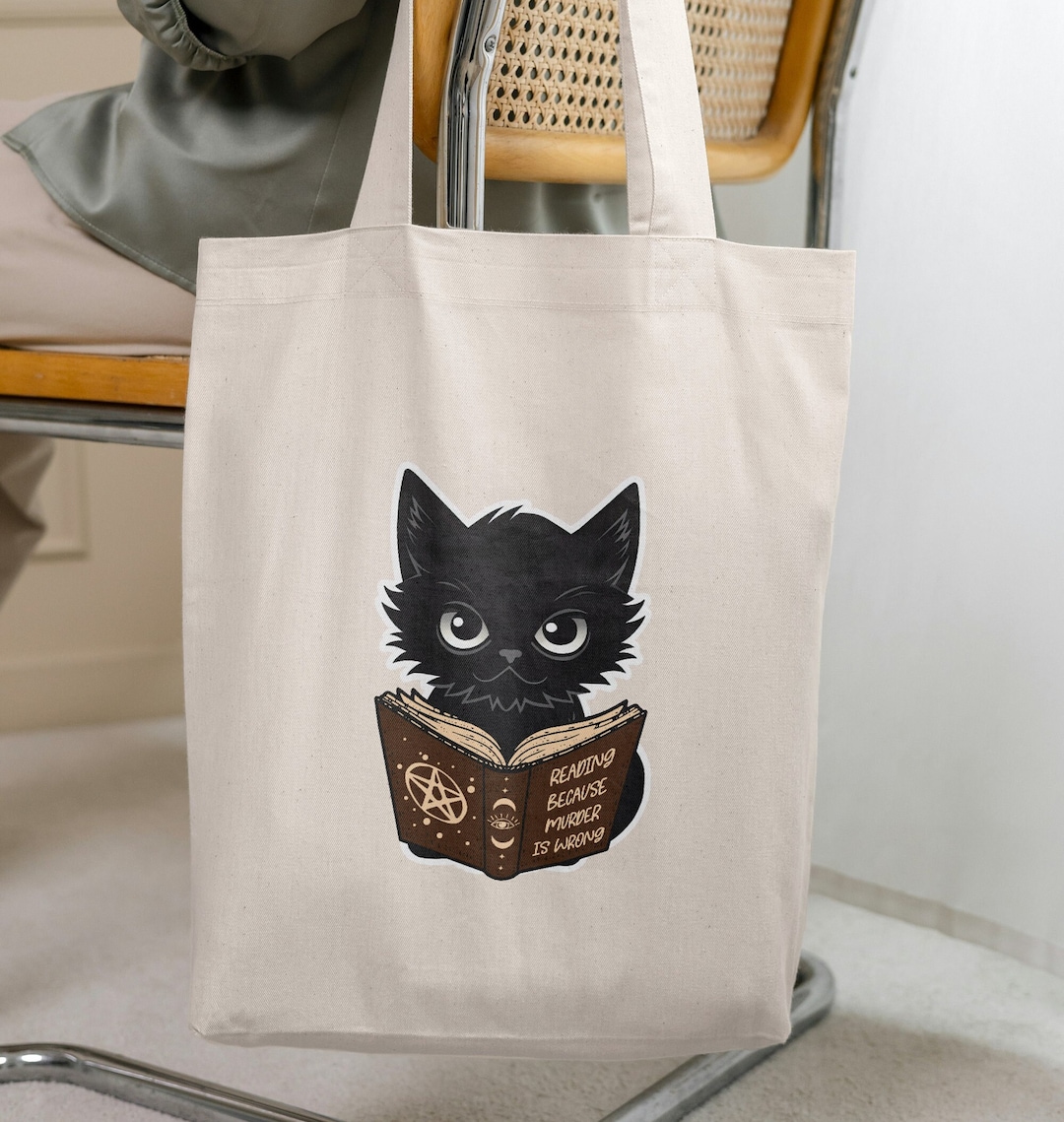 Black Cat Reading Cotton Canvas Tote Bag, Bookworm Tote Bag, Gift for ...