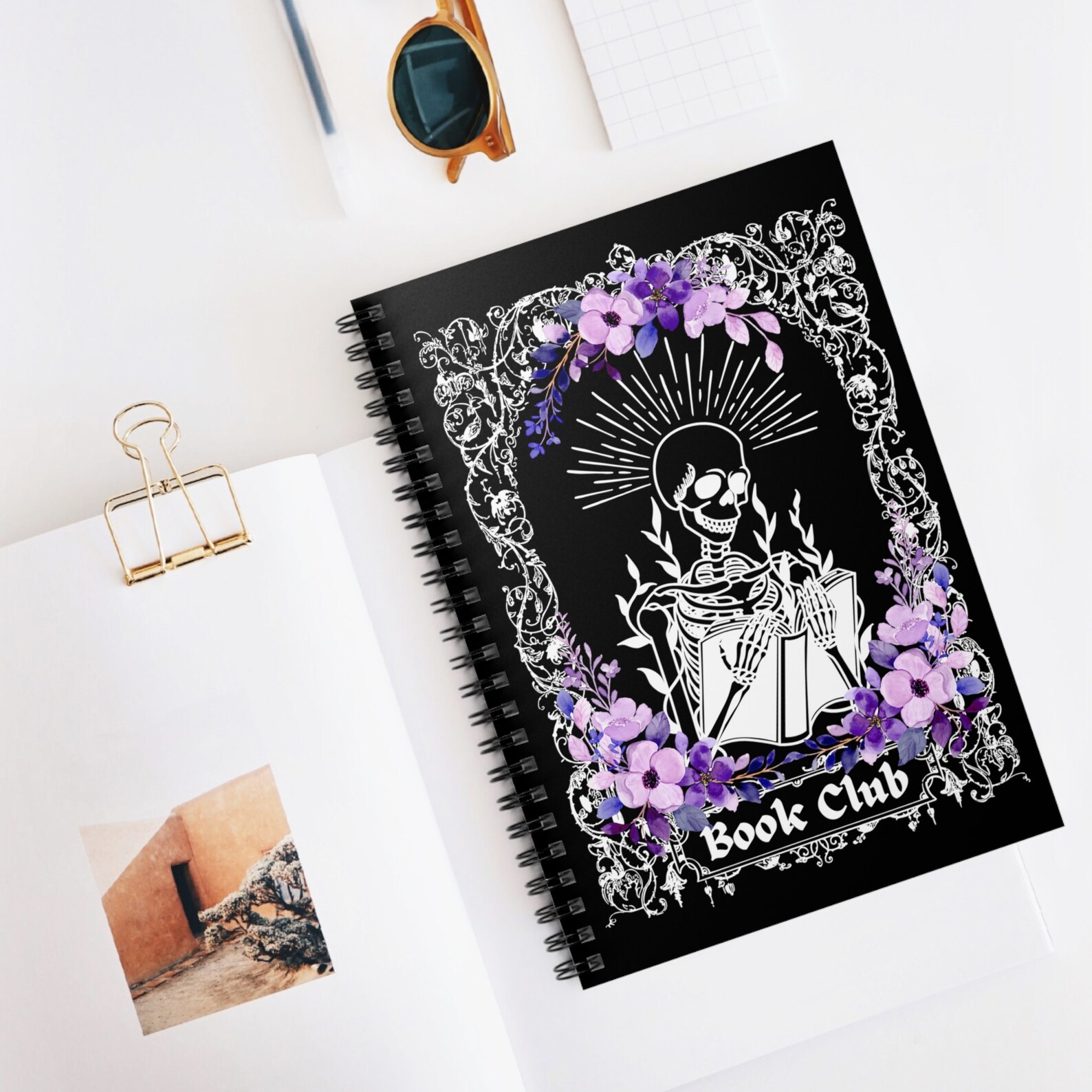 Skeleton Reading Book Black Spiral Notebook, Book Club Journal, Reading ...