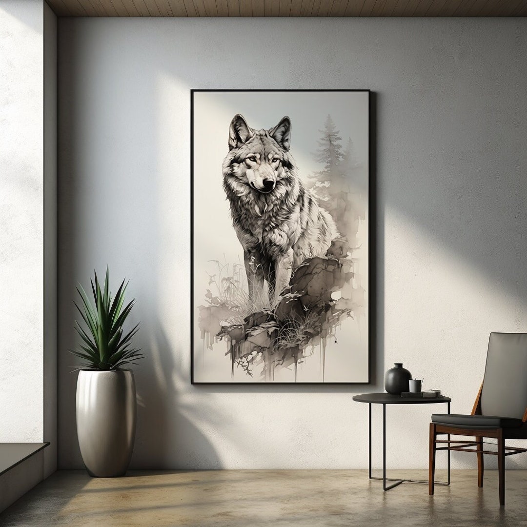 Stoic Wolf Silhouette Pen and Ink Drawing, Nature-inspired Artwork ...
