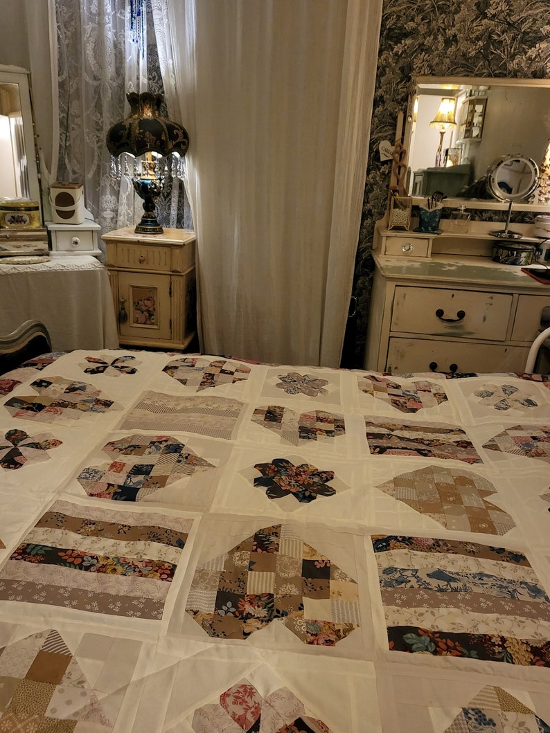 Handmade Beautiful Patchwork Quilt / Throw Double Size Wedding Present Hearts Cream. REDUCED ...