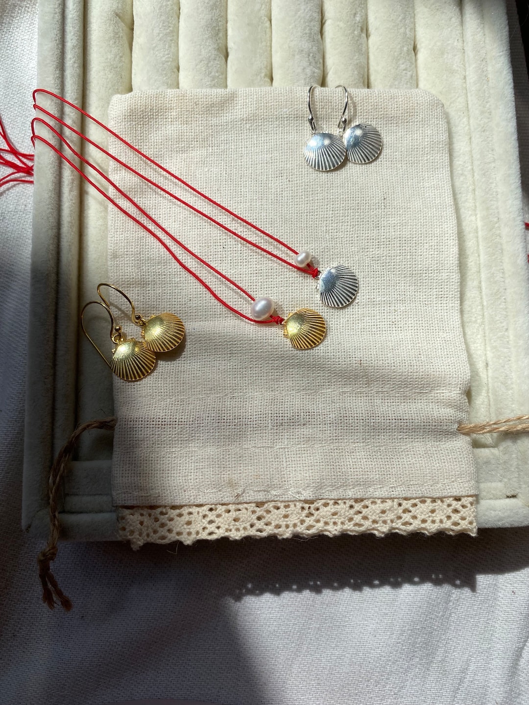 Red String Nautical Seashell Jewelry Set, Sterling Silver & Red Cord ...