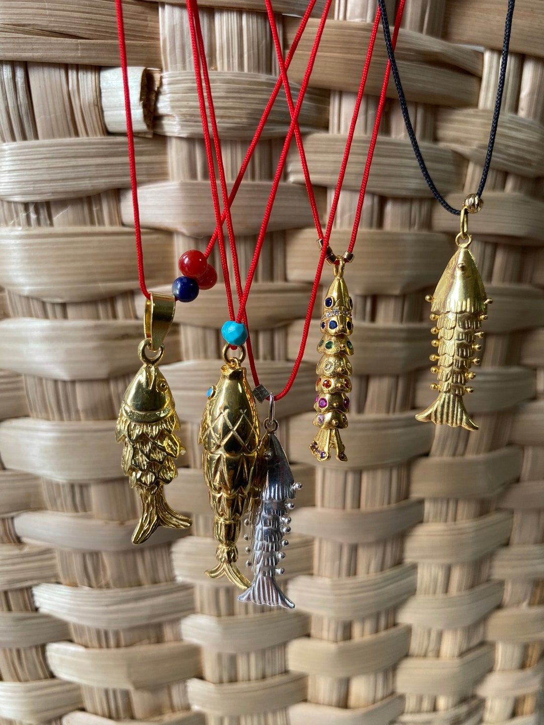 Sterling Silver Fish Necklace: Gold Plated Charm, Red String ...