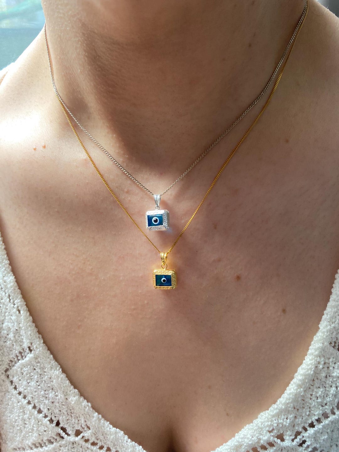 Square Evil Eye Necklace, Blue Glass Pendant, 925 Silver or Gold Chain ...