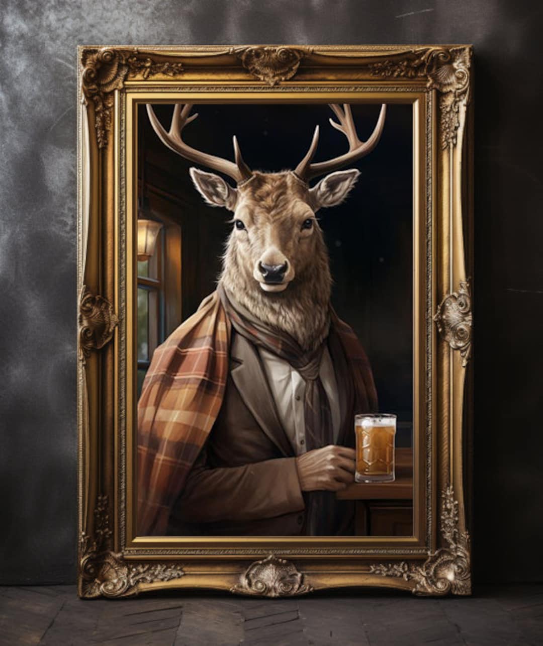 Stag Portrait Print Vintage Bear Painting Animal Head Human Body ...